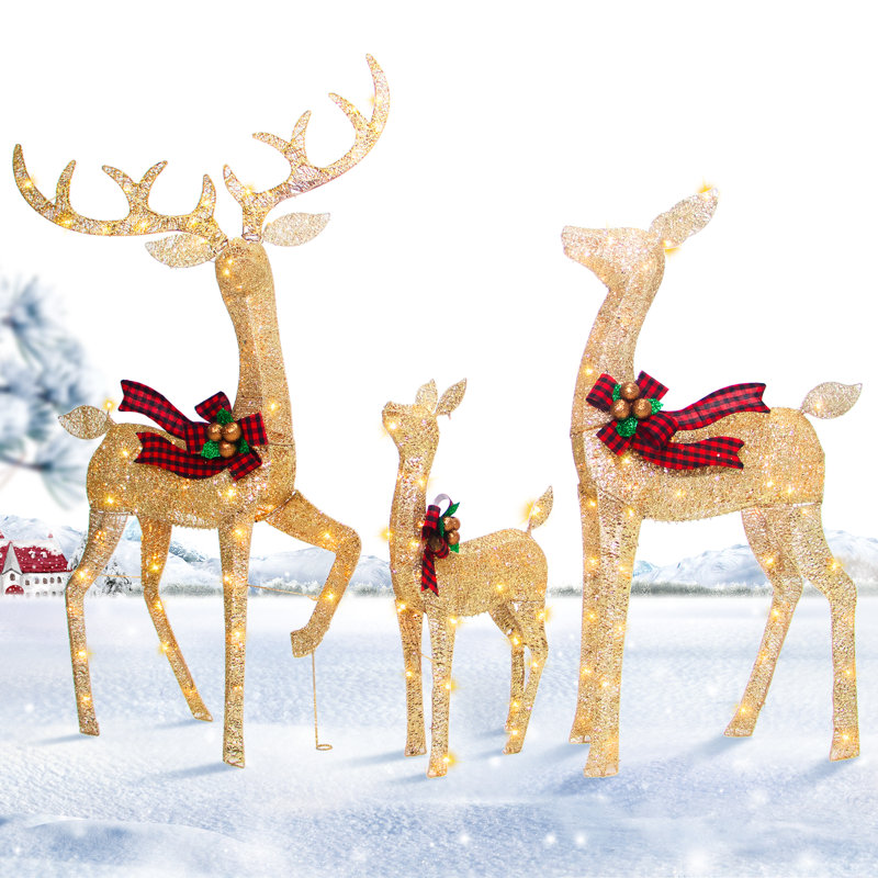 The Holiday Aisle® 3-Piece Lighted 3D Gold Yellow Reindeer Family Outdoor Christmas Decorations ...
